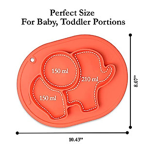 TRUMPETIC Elephant Silicone Suction Plate With Hanging Hole, Divided Toddler Plates, Skidproof & Unbreakable, BPA Free, Dishwasher Microwave Safe (Orange)