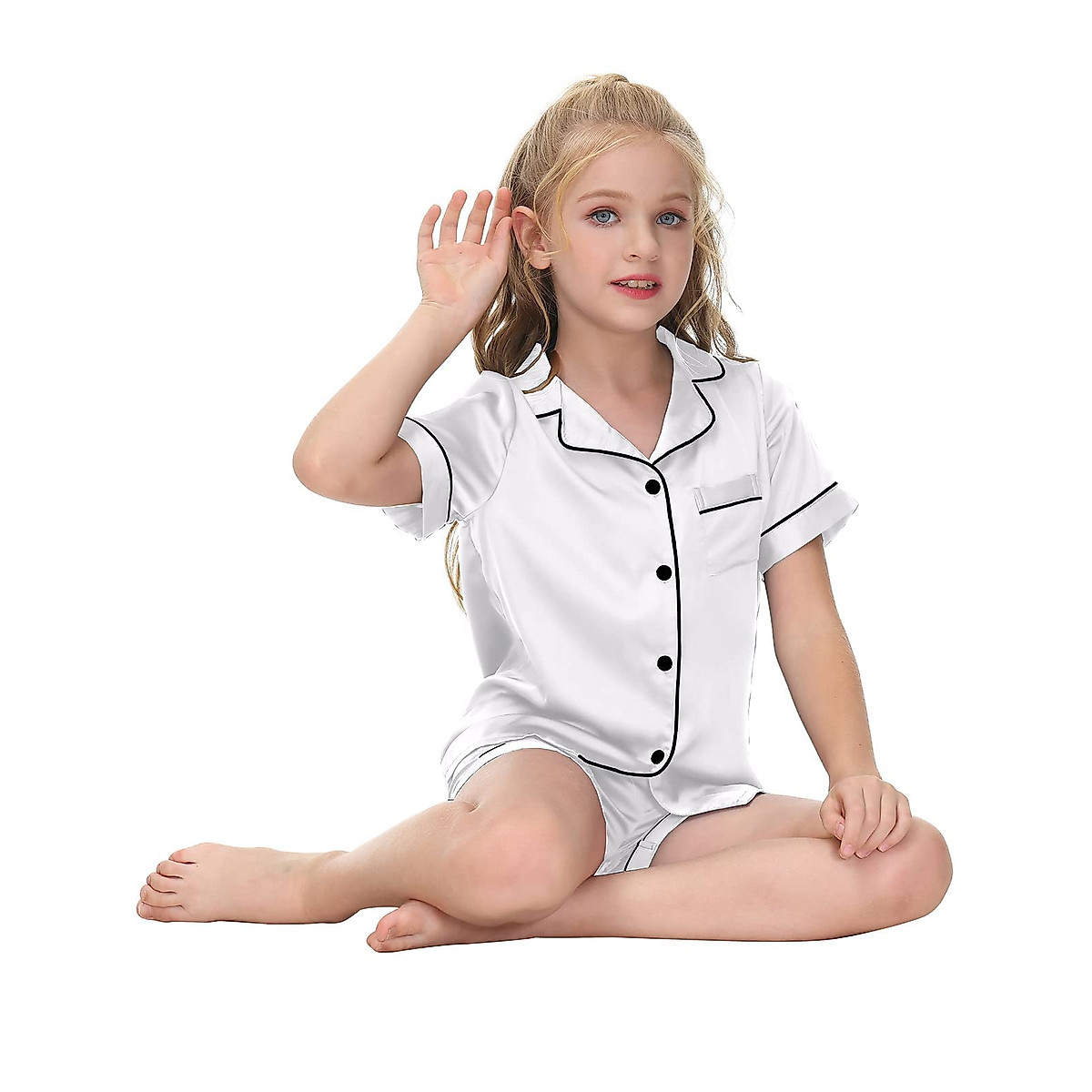 Veseacky Big Girls Boys Pajamas Set Satin Silk Short Sleeves Sleepwear 2 Piece Button-Down Classic Pjs Set (White,12y)
