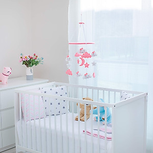 Piccolin Baby Crib Mobile, Hanging Toys, Nursery Decor for Girls White and Pink Room Decorations, Clouds, Moons and Stars Safe, Non-Toxic, Crib Mobile for Newborn, Baby Shower Present
