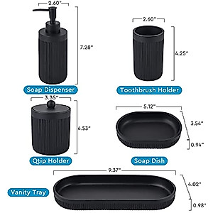 Bathroom Accessory Set,5 PCS Black Bathroom Accessories Set Complete with Lotion Soap Dispenser,Toothbrush Holder,Qtip Holder,Vanity Tray and Soap Dish,Bathroom Decor Countertop Organizer,Matte Black