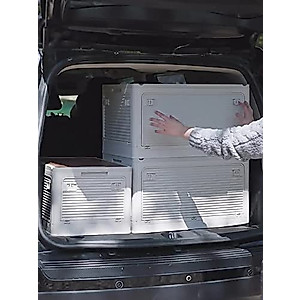 Radefasun Foldable Storage Bins with Wood Lids Plastic Collapsible Storage Box with Cutting Board Portable Stackable Grocery Container Folding Latching Storage Crate with Removable Pulley (S, White)