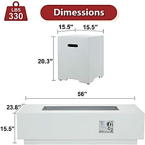 ECOTOUGE 2-Piece 56" Outdoor Rectangle Propane Fire Pit Table with Tank Holder, 50,000 BTU Concrete Fire Table with Weather-Resistant Pit Cover, Auto-Ignition, Free Lava Rocks, Fits 20lb Tank, White