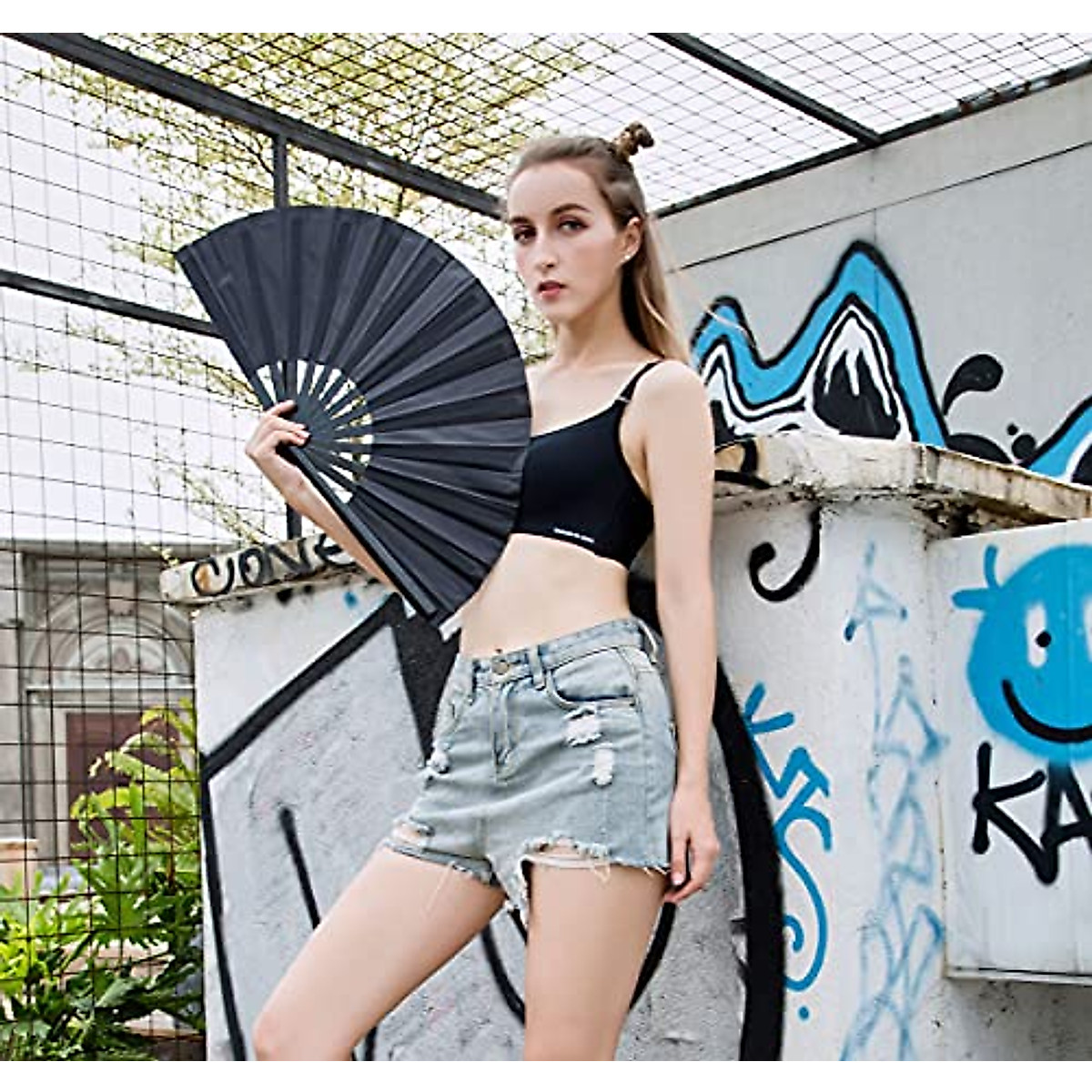 Amajiji Large Folding Hand Rave Fan for Women/Men, Chinease/Japanese Bamboo and Nylon-Cloth Folding Hand Fan for Performance, Festival, Events, Gift, Craft, Dance, Decorations (Black)