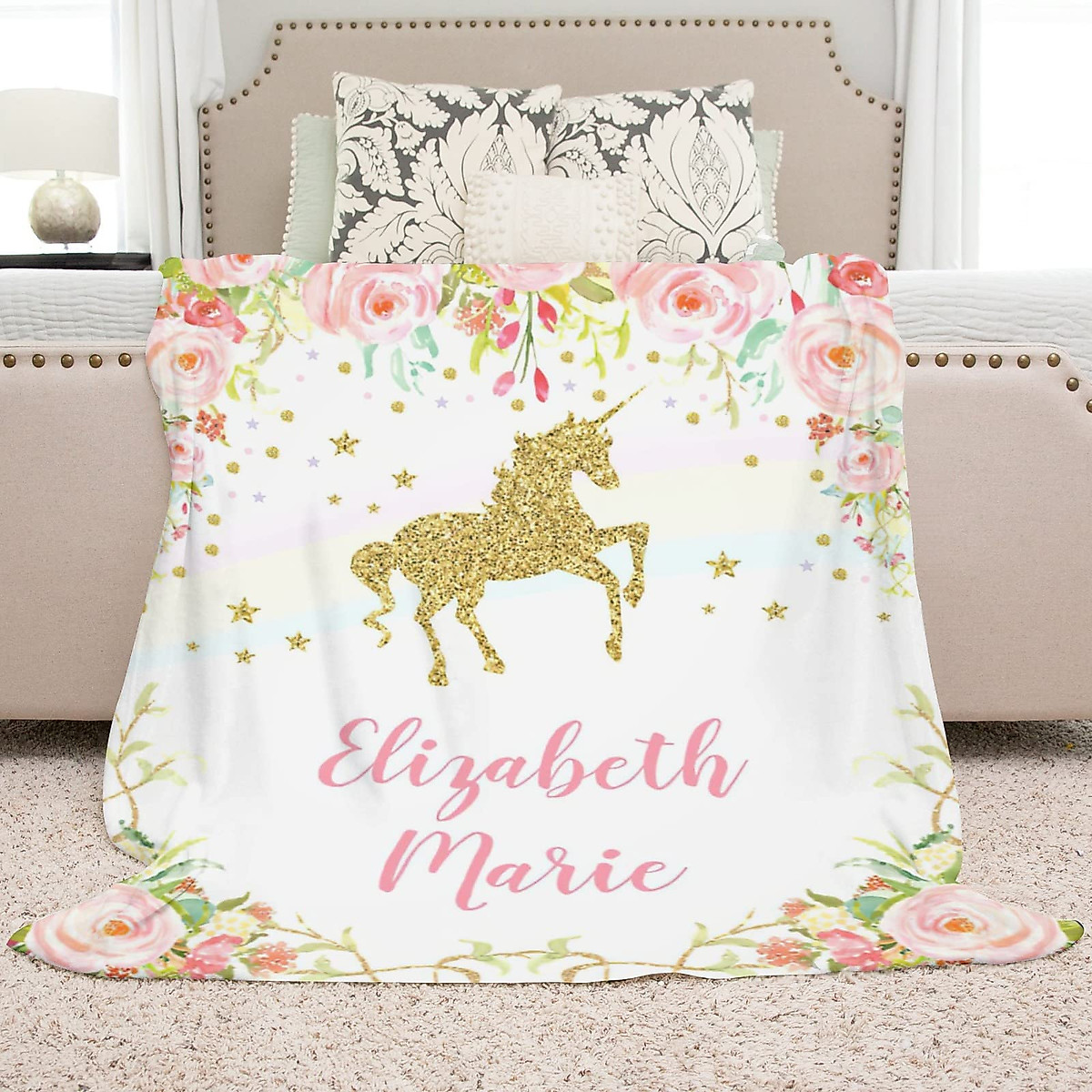 Personalized Unicorn Blanket with Name Custom Baby Blanket for Girls Customized Baby Girl Gifts Soft Plush Fleece Blankets for Shower Nursery Swaddling - Floral Unicorn9 50x60in