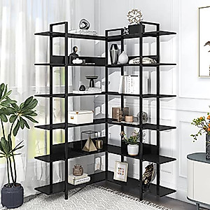 Tall L-Shape Bookcase, Corner 6-Tier Bookshelf with Back Baffles and Adjustable Foot Pads, Stainless Steel Frame, Black