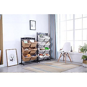 3-Tier Floor Stand with Water Hyacinth Storage Baskets,with Market Basket Storage Bins-Vertical Standing Rack for Living Room,Laundry, Bedroom, Bathroom,Office Organization(Three layers, White+Gray)