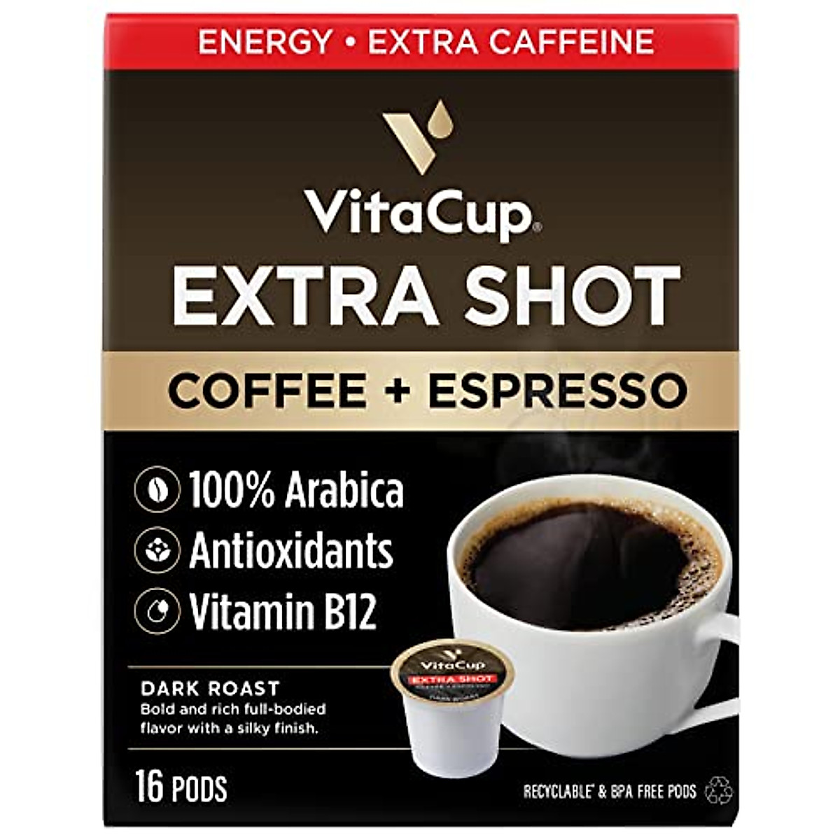 VitaCup Extra Shot Strong Coffee Pods, Bold & Intense Dark Roast w/ Espresso Shot, High Caffeine, Vitamin B12, Antioxidants, Recyclable Single Serve Pod Compatible w/ Keurig K-Cup Brewers, 16ct