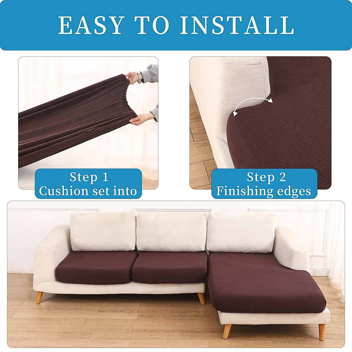 Hittun Sectional Couch Covers l Shape 4 Pieces Seat l Shape Couch Cover Sectional Washable,Stretch Sectional Sofa Covers Furniture Protector for Pets Dogs (Brown, 3 Seater + 1 Chaise)