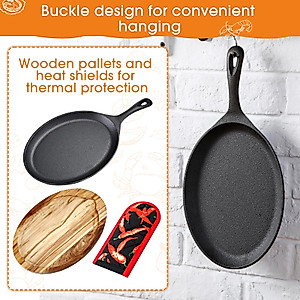 Lallisa 4 Sets Cast Iron Fajita Plate Set Fajita Plate Sizzler Pan with Wooden Tray Anti Scald Protection Hot Mitt Cast Iron Skillet Set for Home Barbeque Kitchen Party Restaurant Catering Service