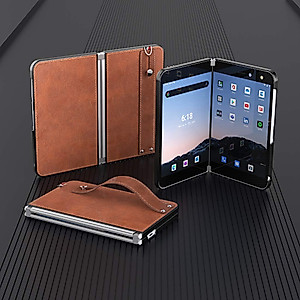 Foluu for Microsoft Surface Duo Case, Surface Duo Leather Case 2020, [Slim & Lightweight] PU Leather Back Cover Hard PC Holder with Hand Strap Protective Phone Case for Microsoft Surface Duo (Brown)
