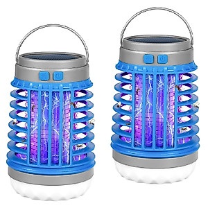 Solar Bug Zapper Outdoor Waterproof Mosquito Zapper for Patio Home Camping, 3 in 1 Cordless Mosquito Light Killer Portable Small Bug Zapper - Camping Light, Mosquito Killer, Flashlight - Blue, 2 PCS