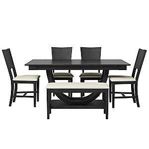 6 Pieces Wood Dining Table Set with Bench, Kitchen Table Set with Half Round Legs, Long Bench and 4 Dining Chairs, Modern Style Dining Room Set for 6 Persons, Gray+Beige