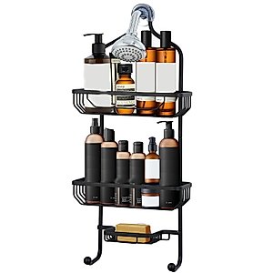 Vuskly Shower Caddy Over Shower Head, Aluminum Hanging Shower Organizer with 3 Shelf and 2 Hooks,Strong Suction Cups, Wide Space Shower Caddy for Shampoo and Soap, Black, 11x4.9X 24.8 inches