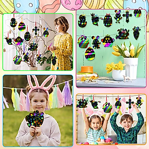 JULMELON Easter Crafts for Kids, 36 Pack Magic Rainbow Scratch Paper Kit Cute Bunny Scratch Art for Kids Easter Party Favors Gifts Egg Basket Stuffers