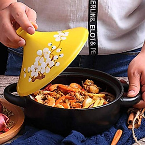 MYYINGBIN 7.9 Inches White Flower Painted Moroccan Tagine Pot Clay Ceramics Casseroles Slow Cooker with Anti-Scalding Handle Easy to Clean