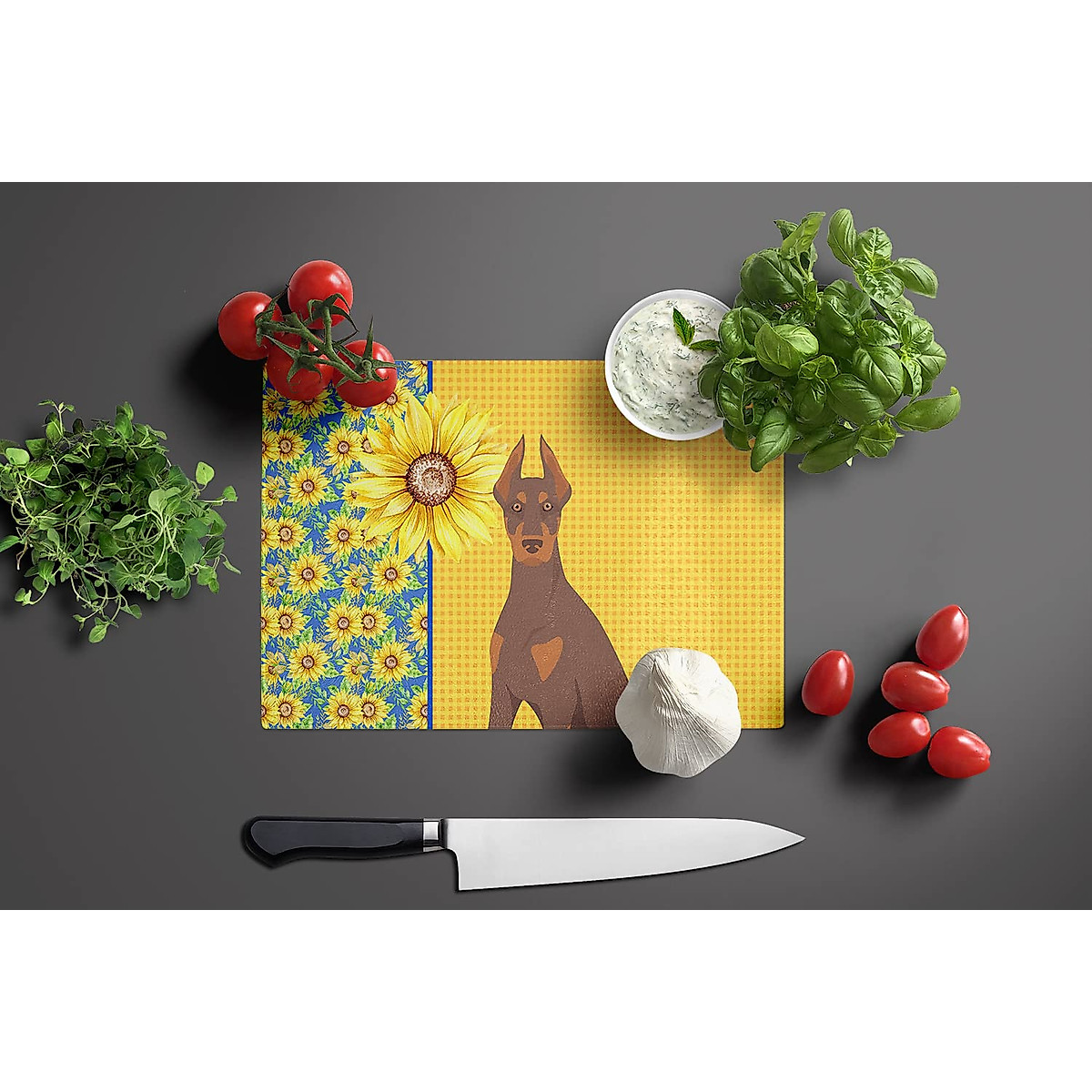 Caroline's Treasures WDK5410LCB Summer Sunflowers Red and Tan Doberman Pinscher Glass Cutting Board Large Decorative Tempered Glass Kitchen Cutting and Serving Board Large Size Chopping Board