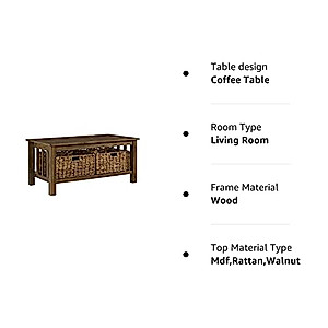 Walker Edison Alayna Mission Style Two Tier Coffee Table with Rattan Storage Baskets, 40 Inch, Dark Walnut
