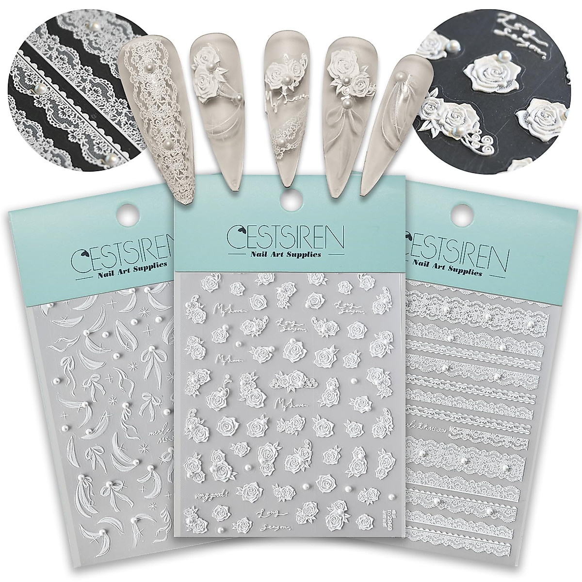 CESTSIREN 3 Sheets White Nail Art Stickers 5D Embossed Flower Lace Ribbon Nail Decals for Nail Art Design Pearl Nail Accessories for Women Nail Art Supplies