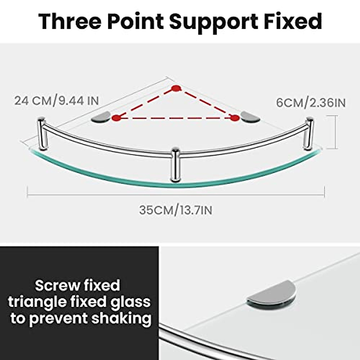 YorkHoMo Glass Corner Shelf Glass Shelves for Bathroom Shower Corner Shelf with Rail Wall Mounted Drill Hole for Inside Shower 2 Pack