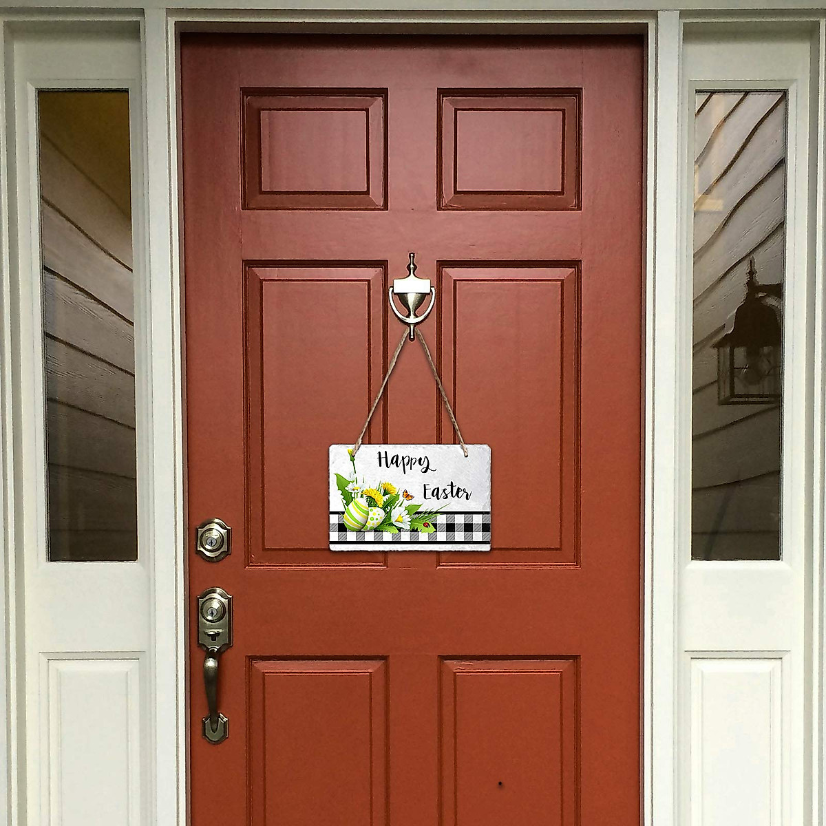 Easter Hanging Wall Sign, Decorative Slate Signs with Rope, Hanging Door Plaque for Porch/Entryway/Outdoor/Garden Home 5x8inch, Easter Eggs Flowers Leaves Butterflies Black and White Plaid