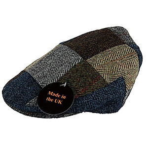 Barefoot Bagpiper Patch Harris Tweed Flat Cap or Scally Cap for Men Scottish Hat Driving Cap Ivy Cap Irish Flat Hat Newsboy Hat (Medium) Grey
