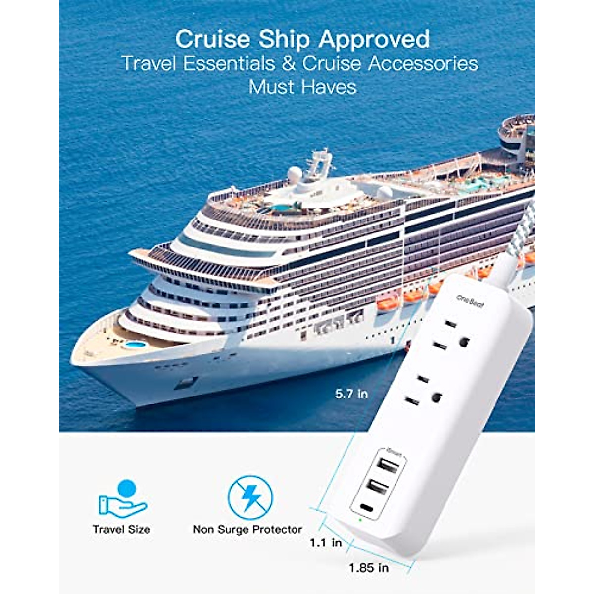 Cruise Essentials, USB C Travel Power Strip, Flat Plug Power Strip with 2 Outlets 3 USB Ports (1 USB C), 5ft Extension Cord Charging Station, Non Surge Protector for Cruise Ship, Travel, Home