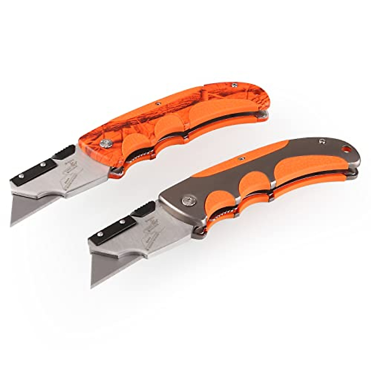 Utility Knife Set 2PK, Olympia Tools Folding Cutter, Quick Change mechanism SK5 Blade, Aluminum and Rubber Durable Handle with Metal Belt Clip, Orange CAMO Cutter