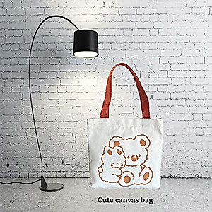 Women Beige Tote Bag with Bear Pattern, Canvas Shoulder Bag, Stylish Hobo Crossbody Handbag, Casual Economical Tote Bag, Lightweight Reusable Grocery Shopping Cloth Bag, With Zipper Closure (1 Pack)