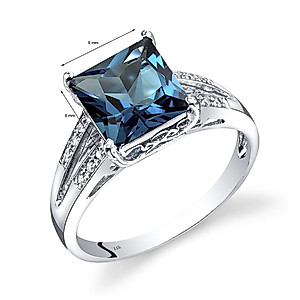 PEORA 14K White Gold London Blue Topaz and Diamond Ring for Women, 3 Carats Princess Cut 8mm, Elegant Cathedral Design, Natural Gemstone Birthstone, Size 7
