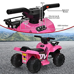 Costzon Kids ATV, 6V Battery Powered Electric Vehicle Four Wheeler Quad w/Storage Basket, Headlight, Horn, Music, MP3 & USB, Toddler 4 Wheeler Ride on Car Toy for Boys Girls 18-36 Months (Pink)