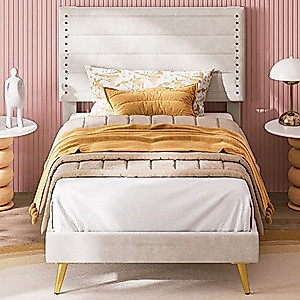 LIKIMIO Twin Bed, Platform Bed Frame with Upholstered Headboard and Wooden Slats Support, No Box Spring Needed, Easy Assembly, Beige