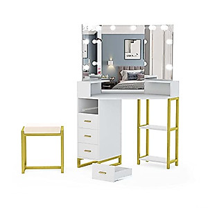 PAKASEPT Corner Vanity Set with Three-Fold Mirror & Light Bulbs, Women Makeup Desk with 4 Storage Drawers for Small Spaces, Bedroom