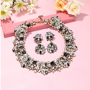 JOERICA Bib Statement Necklace for Women Chunky Choker Necklace and Earrings Set Vintage Rhinestone Statement Necklace Fashion Costume Set for Women