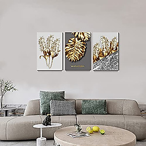 QTESPEII Large Modern Canvas Wall Art Hyacinth Painting White Flower Gold Leaf Canvas Prints for Living Room Bedroom Office Wall Decor Framed Home Office Walls Decorations, 16"x24" 3 Pieces