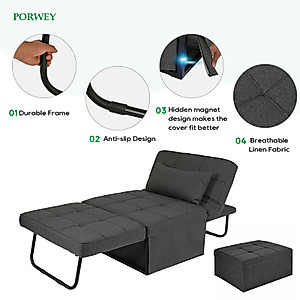 PORWEY Sleeper Chair Bed, 4-in-1 Convertible Futon Ottoman bed Sleeper, Foldable Sofa Couch with Adjustable Backrest for Guest Room/Office Living Room, No Assembly Required, 36” Width,Gray