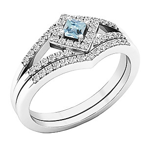 Dazzlingrock Collection 2.5 mm Princess Aquamarine & Round White Diamond Ladies Split Shank Engagement Ring Set, Sterling Silver, Size 4