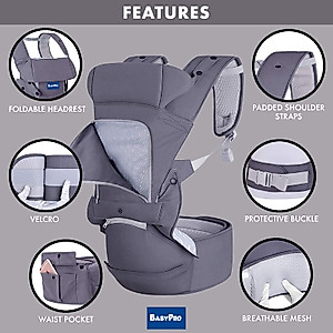 BabyPro Ergonomic Baby Carrier with Hip Seat, 6 in 1 All Season Baby Sling for Newborns Infants Toddlers, Hands Free Baby Wrap Front and Backpack for Traveling, Hiking and Breastfeeding (Dark Grey)