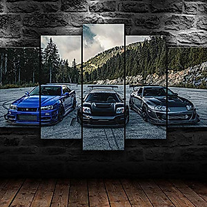 VYQDTNR - 5 Pcs Canvas Wall Art 3D Printed JDM Supra Skyline NSX Car Painting Picture Poster Artwork for Living Room Bedroom Office Home Decoration Ready to Hang, Inner Framed,40inchWx22inchH(Framed)