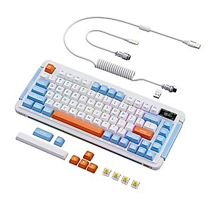 ROYALAXE L75 Wireless Mechanical Keyboard, Hot-swappable Wired/Bluetooth 5.0/2.4G Wireless Keyboard with RGB Backlit for Windows & Mac, PBT Keycaps, Gateron Yellow Switch Pro, Navy White