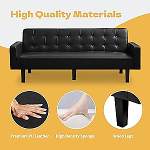 Homies Life Faux Leather Futon Couch, Mid Century Modern Futon Sofa with Memory Foam, Convertible Futon Sofa Bed for Small Spaces, Living Room, Office, Black