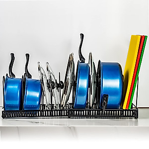 KLEVERISE 10 Dividers Expandable Pot Pan Organizer Rack Storage Under Cabinet– Heavy Duty Cast Iron Adjustable DIY Pot Pan Rack - Space Saving Pot Pan Lid Holders