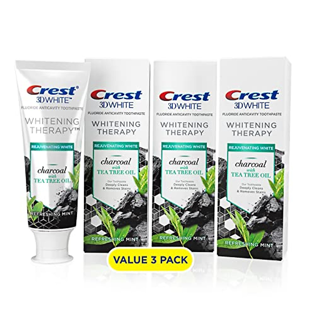 Crest Charcoal 3D White Toothpaste, Whitening Therapy, with Tea Tree Oil, Refreshing Mint Flavor, 4.1 oz, Pack of 3