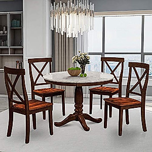 5 Pieces Dining Table and Chairs Set, Wood Kitchen Set with Round Marble Veneer Top Dining Table and 4 Chairs, Rustic Dining Table Set for 4 Persons