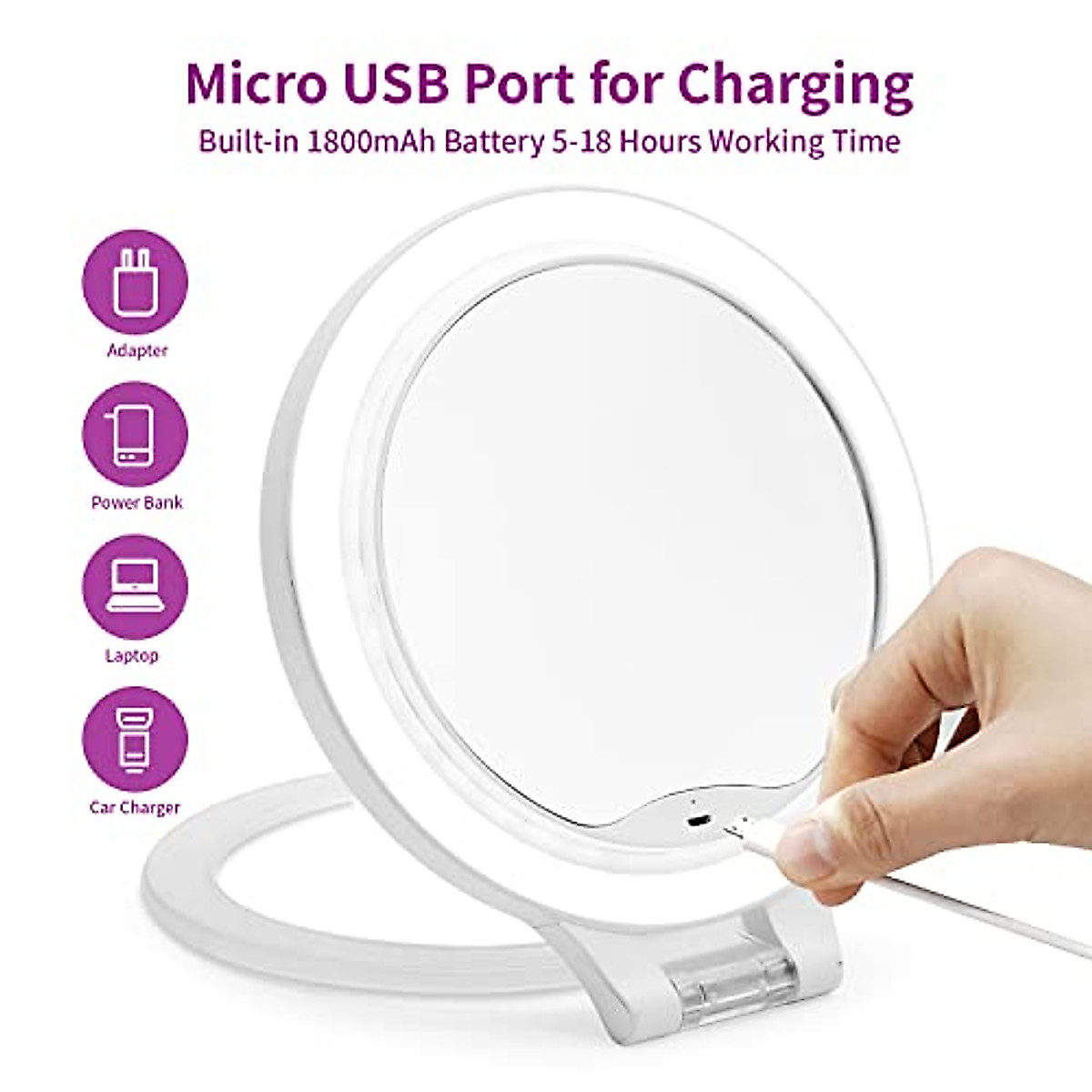 Lighted Magnifying Makeup Mirror, Two Sided 1X/10X Round Vanity Mirror with Adjustable Folding Swiwle Handle, 3 Color Lighting, Rechargeable