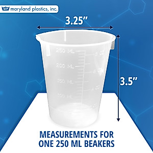 Plastic Beaker 250ml / 8.45 oz Set of 50 by Maryland Plastics – Clear Graduated Disposable Beakers with Pour Spout – Perfect for Resin Mixing, Science Labs, and Home Use