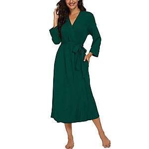 VINTATRE Women Kimono Robes Long Knit Bathrobe Lightweight Soft Knit Sleepwear V-neck Casual Ladies Loungewear Dark Green-X-Large