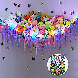 Beinou Stuffed Animals Net or Hammock with Butterfly Stuffed Animals Storage Holder with LED Light Toy Storage for Stuffed Animals for Girls Bedroom Decor