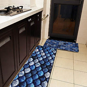 Midetoy Kitchen Rugs and Mats Set Metallic Cobalt Blue Fish Scales Anti Fatigue Kitchen Rug Non Slip Floor Rugs Indoor Outdoor 17.7"x59"+17.7"x29"