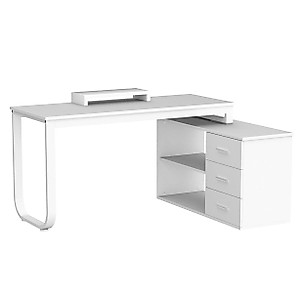 HOMBCK L Shaped Desk with Storage, White Desk Reversible L Shaped Desk with 3 Drawers and File Cabinet, Corner Desk with Hutch and Shelves, Long Computer Desk for Home Office, White