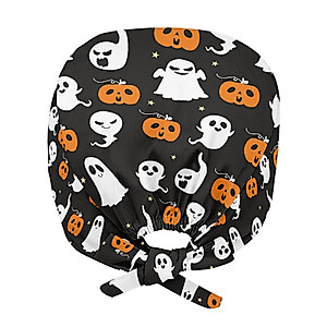 JEOCODY Halloween Ghost Pumpkin Print Women Men Working Caps with Adjustable Tie Back Hat One Size